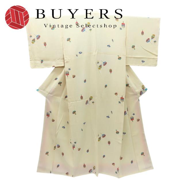 中古 小紋 正絹(金銀糸除く) クリーム マルチカラー こま柄 渋可愛い お洒落 和装 呉服 和服 きもの レディース 女性