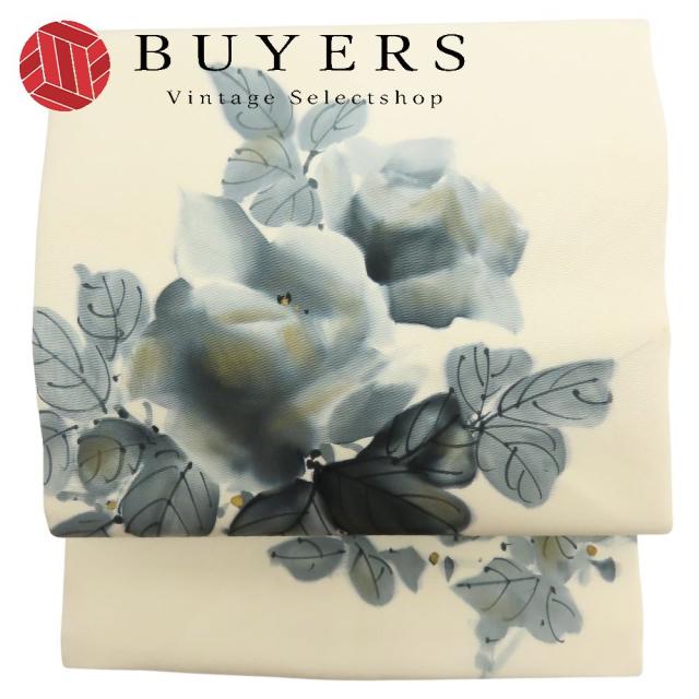 中古 名古屋帯 塩瀬名古屋帯 九寸 正絹(金銀糸除く) ホワイト グレー系 アイボリー系 名古屋仕立て 水墨 作家物 和装 呉服 和服 きもの レディース 女性