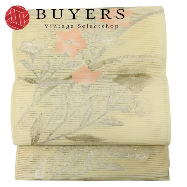 中古 名古屋帯 京袋 八寸 川島織物 ポリエステル アイボリー ピンク系 ゴールド シルバー 夏物 花 絽 和装 呉服 和服 きもの レディース 女性