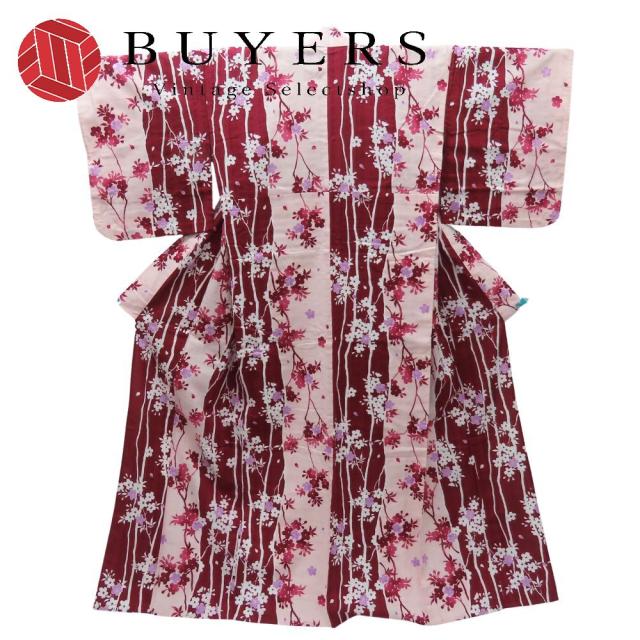 中古 浴衣 綿 ピンク 花古今 変わり生地 桜 和装 呉服 和服 きもの レディース 女性