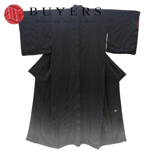 中古 小紋 紀裳苑 正絹 ブラック ホワイト ドット柄 水玉 落款あり 和装 呉服 和服 きもの レディース 女性