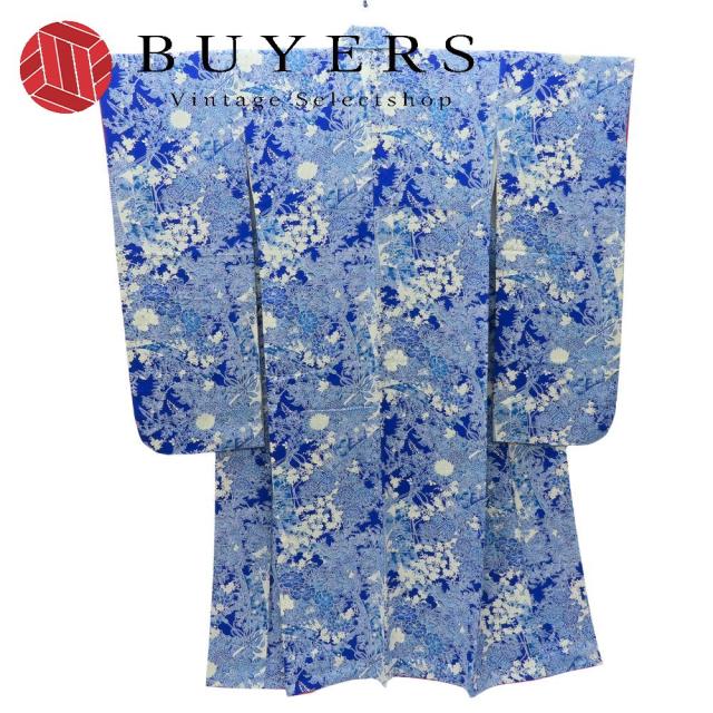 中古 振袖 正絹 青 白 総柄 和装 呉服 和服 きもの レディース 女性