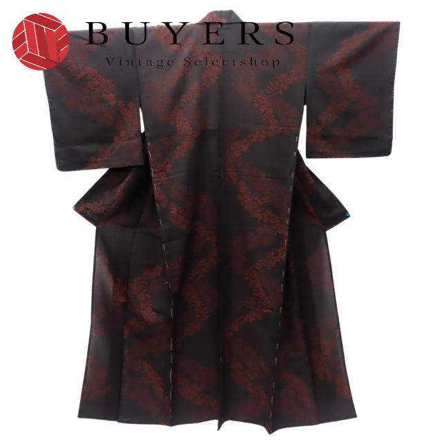 中古 小紋 単衣 正絹 黒 赤 夏用 仕付け糸あり モダン 和装 呉服 和服 きもの レディース 女性