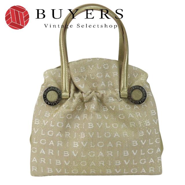 中古 ブルガリ ハンドバッグ ロゴマニア キャンバス レザー ゴールド ベージュ ホワイト ミニバッグ 普段使い カジュアル レディース 女性 BVLGARI