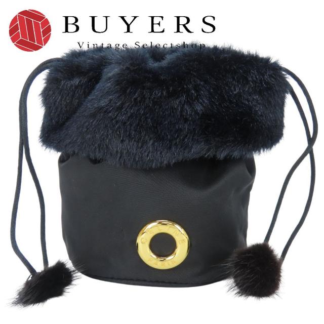 中古 セリーヌ ポーチ 巾着 ファー ナイロン ブラック ゴールド金具 ロゴサークル 小物入れ レディース 女性 CELINE