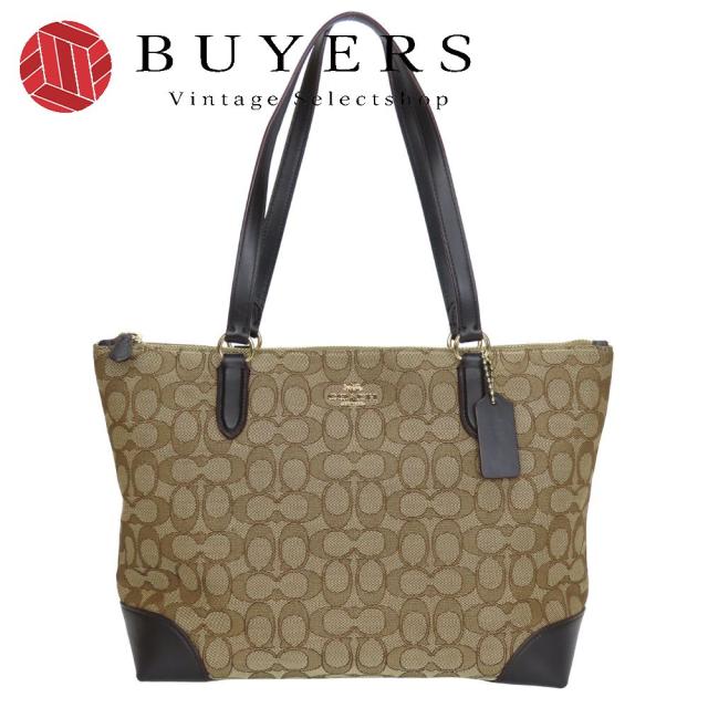 中古 コーチ トートバッグ F29958 シグネチャー キャンバス レザー ベージュ ブラウン ゴールド金具 肩掛け 普段使い カジュアル レディース 女性 COACH