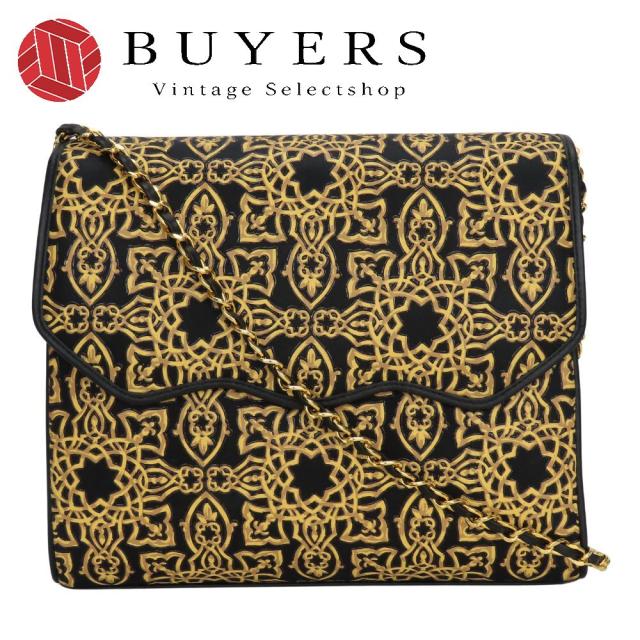 中古 印傳屋 ショルダーバッグ 甲州 キナート kinart レザー 鹿革 ブラック ゴールド系 ゴールド金具 肩掛け チェーン 幾何学模様 レディース 女性 INDENYA