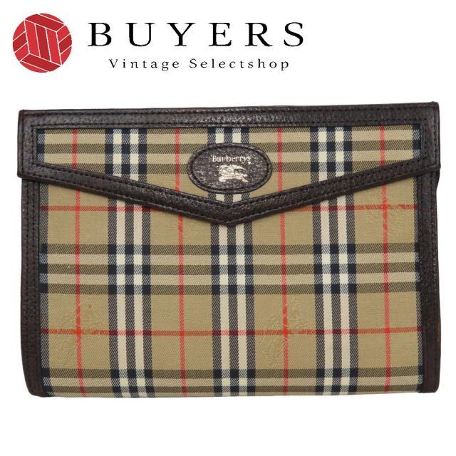 中古 バーバリーズ ポーチ ノバチェック キャンバス レザー ベージュ ダークブラウン 小物入れ クラッチバッグ レディース 女性 Burberrys