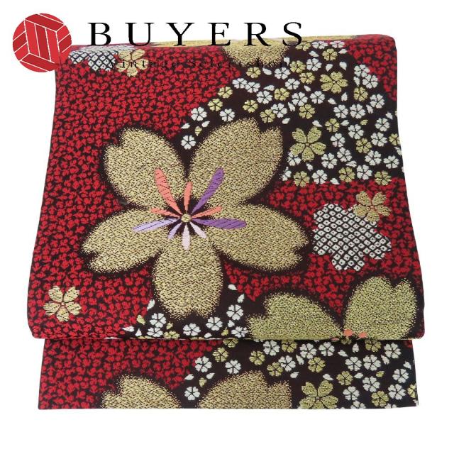 中古 袋帯 正絹(金銀糸除く) ブラック ゴールド レッド 桜柄 和装 呉服 和服 きもの レディース 女性