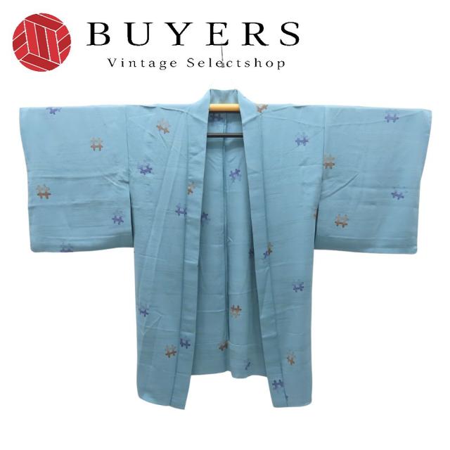 中古 羽織 単衣 正絹(金銀糸除く) ブルーグレー 裏地無し 井桁柄 モダン 和装 呉服 和服 きもの レディース 女性