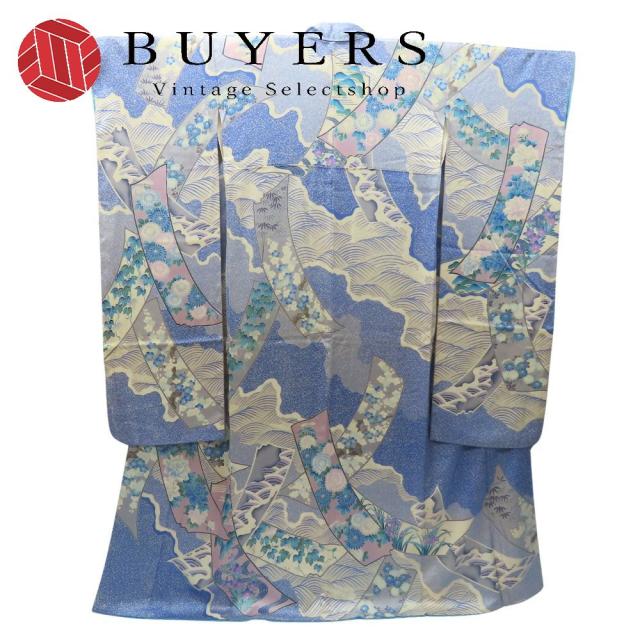 中古 振袖 襦袢セット 正絹 ブルー系 ホワイト パープル 草花柄 風景柄 フォーマル 和装 呉服 和服 きもの レディース 女性