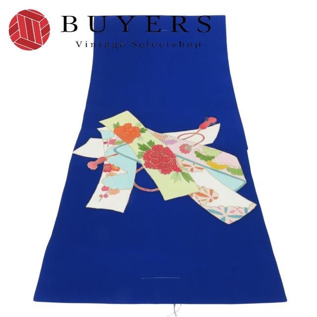 中古 未使用展示品 名古屋帯 塩瀬 しつけ糸あり 九寸 正絹(金銀糸除く) ブルー マルチカラー 名古屋仕立て お洒落 手描き 和装 呉服 和服 きもの レディース 女性