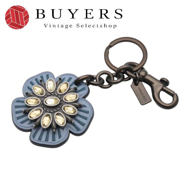 中古 コーチ キーホルダー バッグチャーム ティーローズ レザー ラインストーン くすみブルー系 キーリング アクセサリー 小物 レディース 女性 COACH