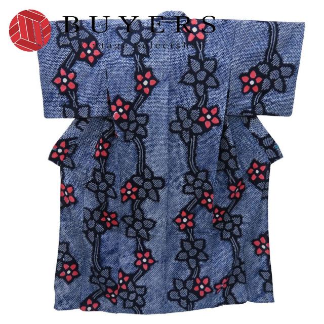 中古 浴衣 綿 紺系 総絞り 花柄 和装 呉服 和服 きもの レディース 女性