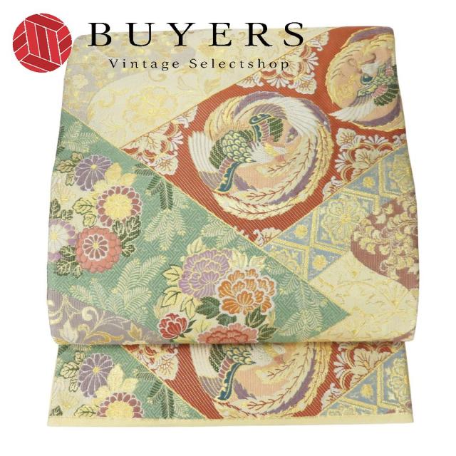 中古 袋帯 六通柄 吉祥文様 正絹(金銀糸除く) 金糸 ゴールド系 マルチカラー フォーマル 花唐草 日本伝統模様 和装 呉服 和服 きもの レディース 女性