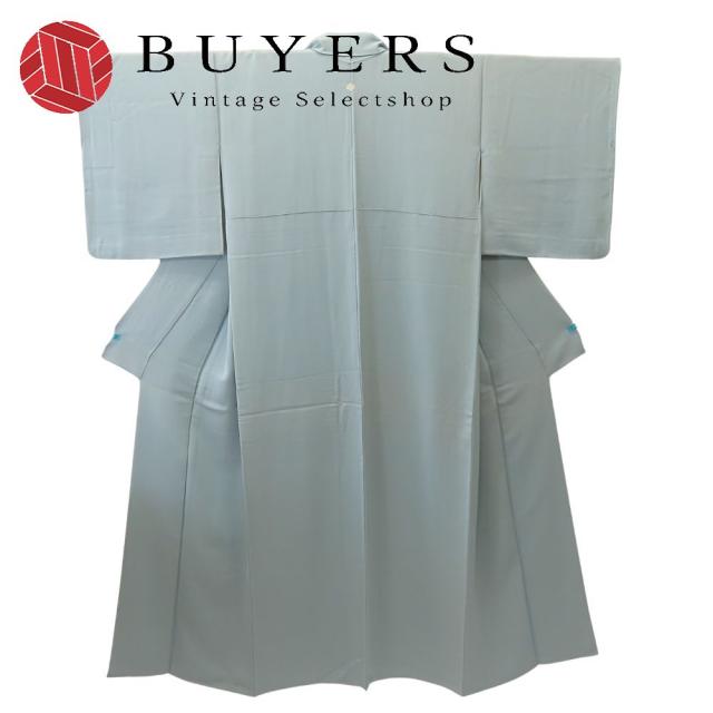 中古 色無地 正絹(金銀糸除く) ブルーグレー 一つ紋 お洒落 和装 呉服 和服 きもの レディース 女性