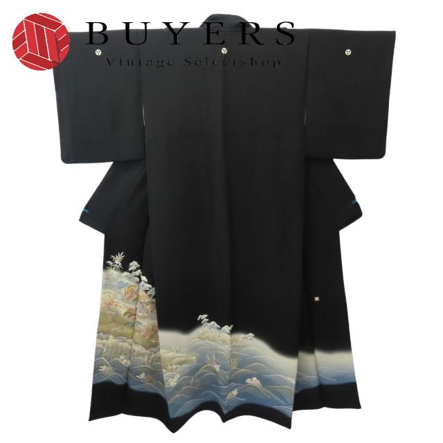 中古 留袖 正絹(金銀糸除く) ブラック ブルー 風景柄 フォーマル 落款あり 和装 呉服 和服 きもの レディース 女性