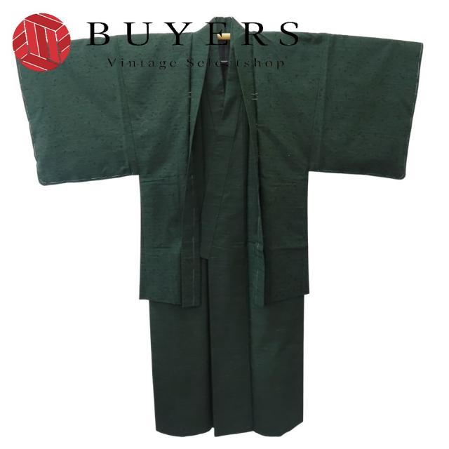 中古 着物セット ひげ紬 しつけ糸あり 正絹(金銀糸除く) ダークグリーン 羽織 アンサンブル 鷹 和装 呉服 和服 きもの メンズ 男性