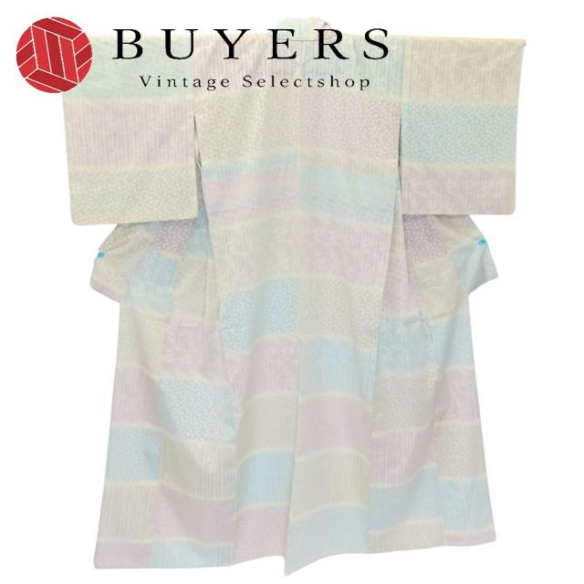 中古 小紋 夏物 紋紗 正絹(金銀糸除く) ホワイト パープル系 ブルー系 暈し 源氏香 カジュアル 和装 呉服 和服 きもの レディース 女性