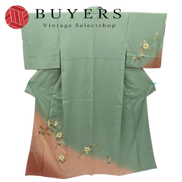 中古 訪問着・付下 正絹(金銀糸除く) グリーン系 草花柄 お洒落 和装 呉服 和服 きもの レディース 女性