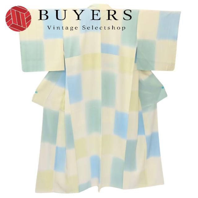 中古 小紋 暈し 格子柄 正絹(金銀糸除く) クリーム系 アイボリー パステルブルー パステルグリーン しつけ糸あり 淡色 和装 呉服 和服 きもの レディース 女性