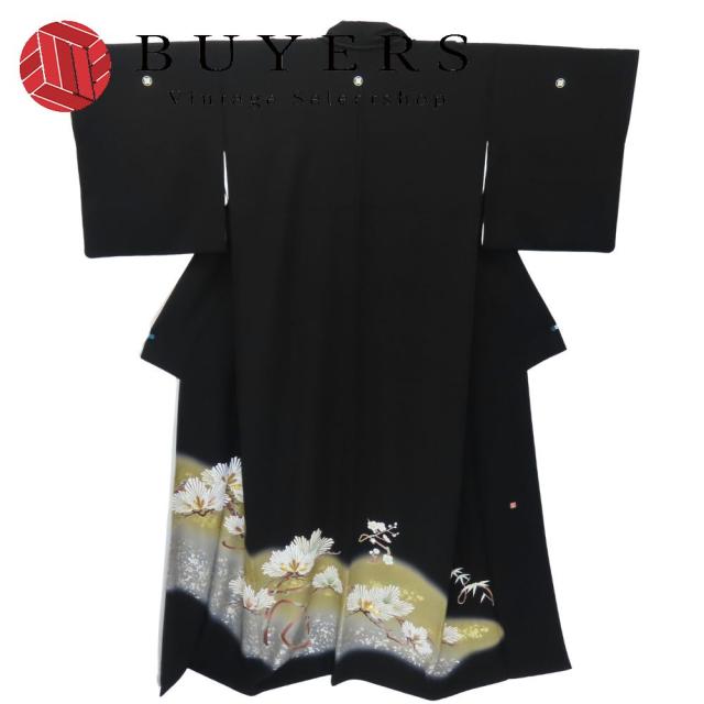 中古 留袖 黒留袖 金駒刺繍 金彩 正絹(金銀糸除く) ブラック ホワイト ゴールド シルバー 結婚式 正礼装 比翼付き 和装 呉服 和服 きもの レディース 女性