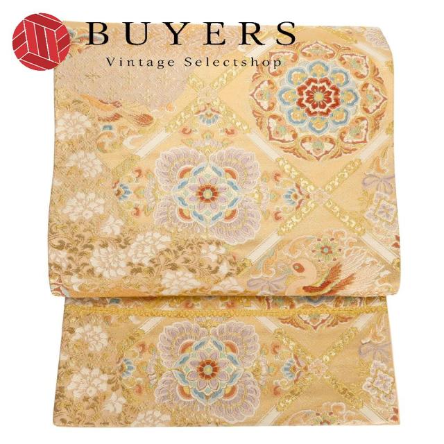 中古 袋帯 純金箔 正絹(金銀糸除く) ゴールド 鳥柄 花柄 華やか 和装 呉服 和服 きもの レディース 女性
