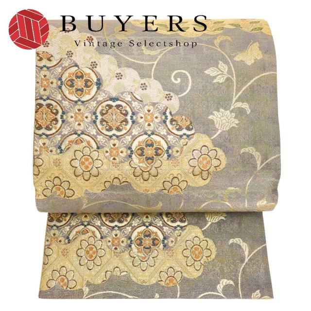中古 袋帯 正絹(金銀糸除く) グレー系 ゴールド 草花柄 フォーマル 和装 呉服 和服 きもの レディース 女性