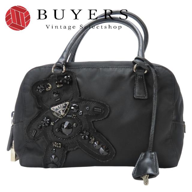 中古 プラダ ハンドバッグ BN1134 イブニングベア ナイロン レザー ビジュー NERO ブラック ミニバッグ 三角プレート レディース 女性 PRADA