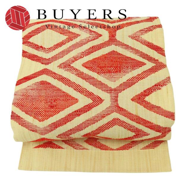 中古 名古屋帯 紬 八寸 正絹(金銀糸除く) 生成り系 レッド 名古屋仕立て カジュアル お洒落 和装 呉服 和服 きもの レディース 女性