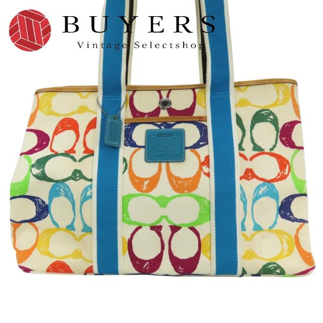 中古 コーチ トートバッグ 5661 スクリブル シグネチャー キャンバス レザー マルチカラー ベージュ系 肩掛け カジュアル 普段使い レディース 女性 COACH