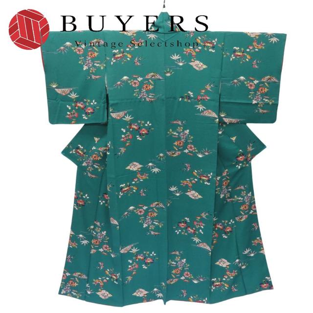 中古 小紋 正絹 グリーン 京紅型 たたき染め 和装 呉服 和服 きもの レディース 女性