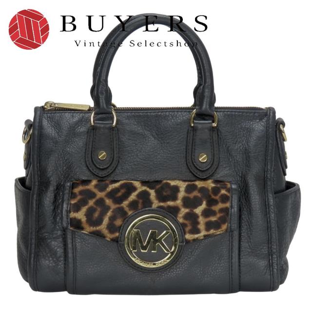 中古 マイケルコース ハンドバッグ レザー ブラック ゴールド金具 レオパード ヒョウ柄 レディース 女性 Michael Kors