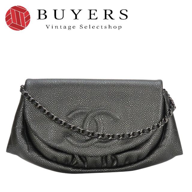 中古 シャネル ショルダーバッグ ハーフムーン チェーンウォレット メタリック ソフトキャビアスキン シルバー系 シルバー金具 斜め掛け 17番台 ココマーク 財布 レディース 女性 CHANEL