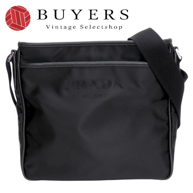 中古 プラダ ショルダーバッグ 2VH797 ナイロン サフィアーノレザー NERO ブラック 斜め掛け 三角プレート カジュアル テスート レディース メンズ PRADA