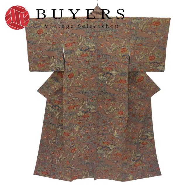 中古 小紋 正絹(金銀糸除く) ブラウン 和装 呉服 和服 きもの レディース 女性