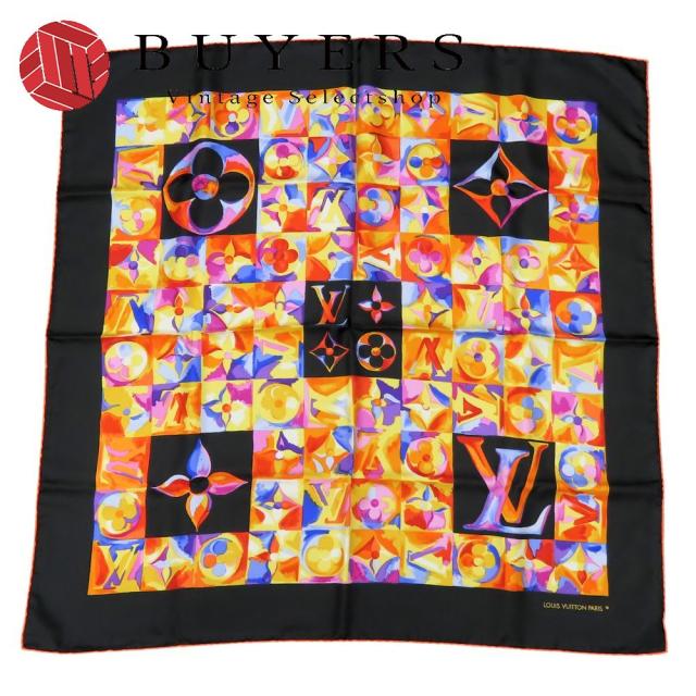 中古 ルイ・ヴィトン スカーフ シルク ブラック オレンジ マルチカラー モノグラム 大判 小物 レディース 女性 LOUIS VUITTON