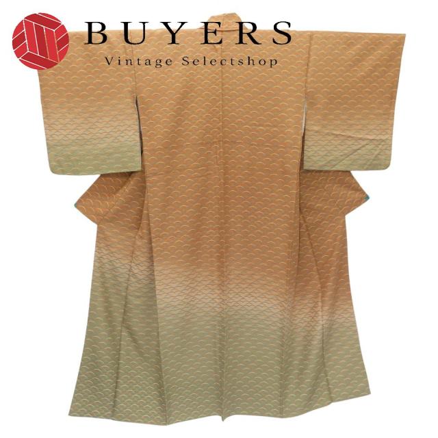 中古 小紋 正絹(金銀糸除く) ブラウン系 グリーン系 和装 呉服 和服 きもの レディース 女性