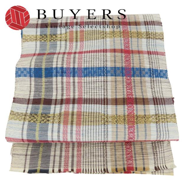 中古 名古屋帯 正絹 マルチカラー チェック柄 未仕立 和装 呉服 和服 きもの レディース 女性
