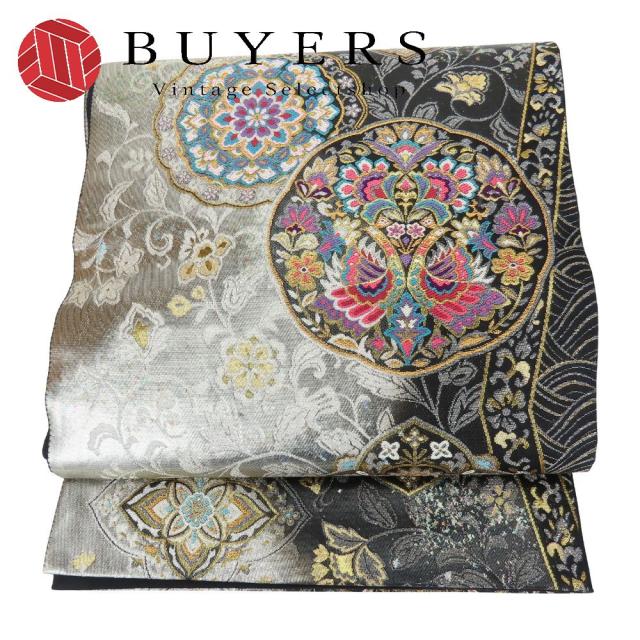 中古 袋帯 煌良錦 正絹(金銀糸除く) シルバー系 ブラック 引き箔 花柄 お洒落 和装 呉服 和服 きもの レディース 女性