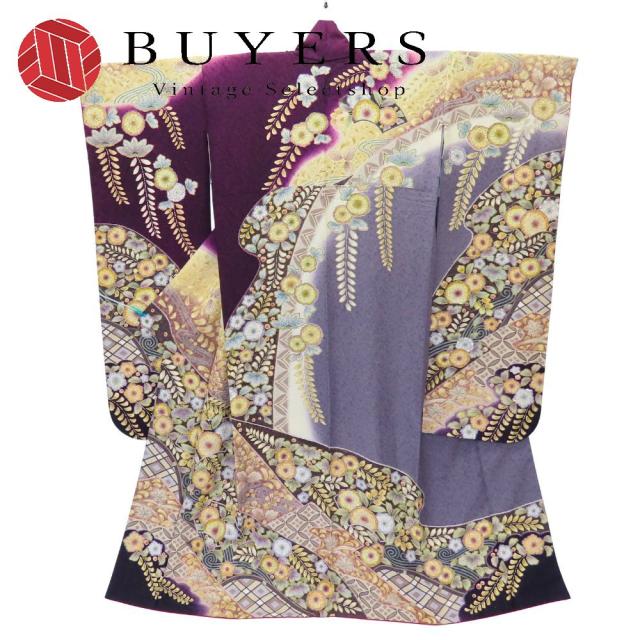 中古 振袖 正絹(金銀糸除く) パープル グレー 成人式 辻が花 和装 呉服 和服 きもの レディース 女性