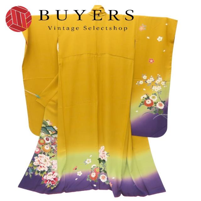 中古 振袖 正絹 マスタード 成人式 シンプル 大きいサイズ 和装 呉服 和服 きもの レディース 女性