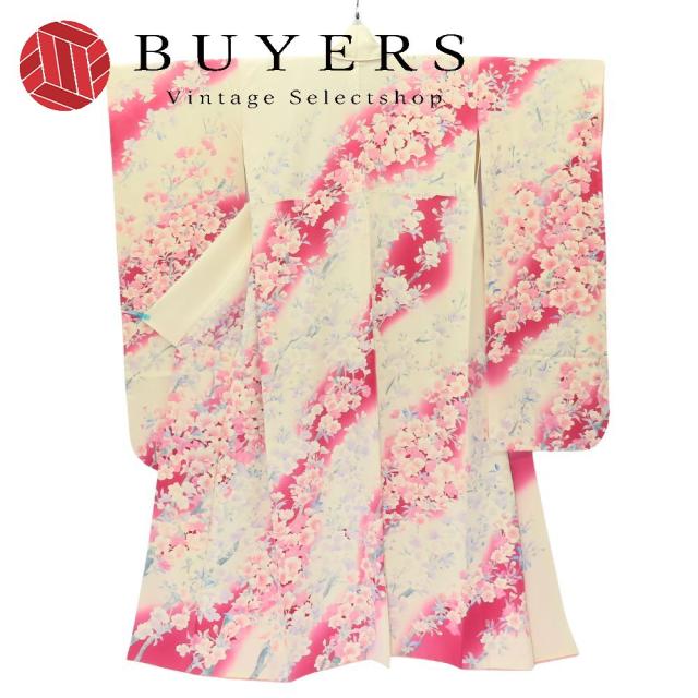 中古 振袖 3点セット 正絹 ピンク アイボリー 成人式 和装 呉服 和服 きもの レディース 女性