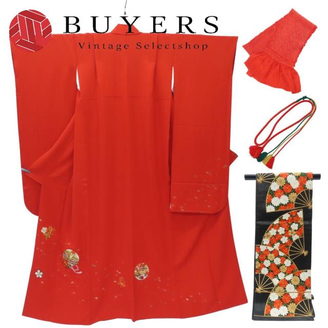 中古 振袖 5点セット 十三参り 正絹(金銀糸除く) レッド 刺繍 和装 呉服 和服 きもの レディース 女性