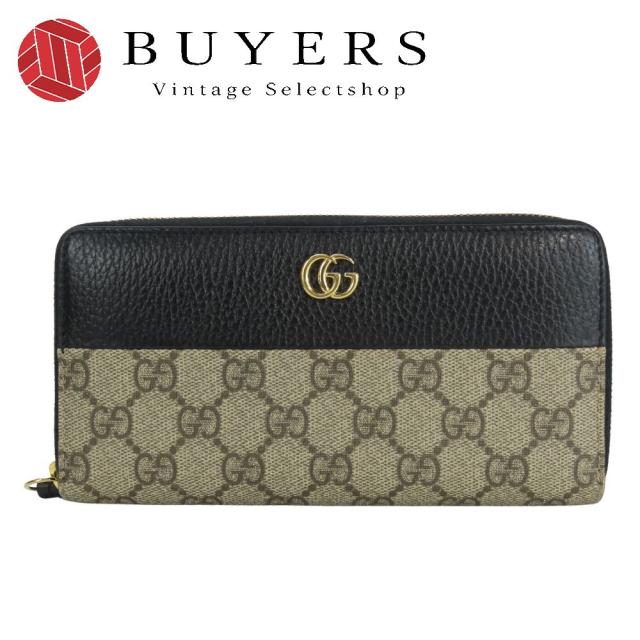 中古 グッチ 長財布（ラウンドファスナー） 456117 GGマーモント GGスプリームキャンバス レザー ブラック ベージュ 小物 レディース 女性 GUCCI