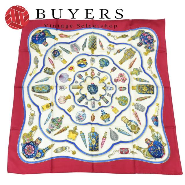 中古 エルメス スカーフ カレ90 Qu importe le flacon 香水瓶 シルク ホワイト ボルドー マルチカラー 小物 レディース 女性 HERMES