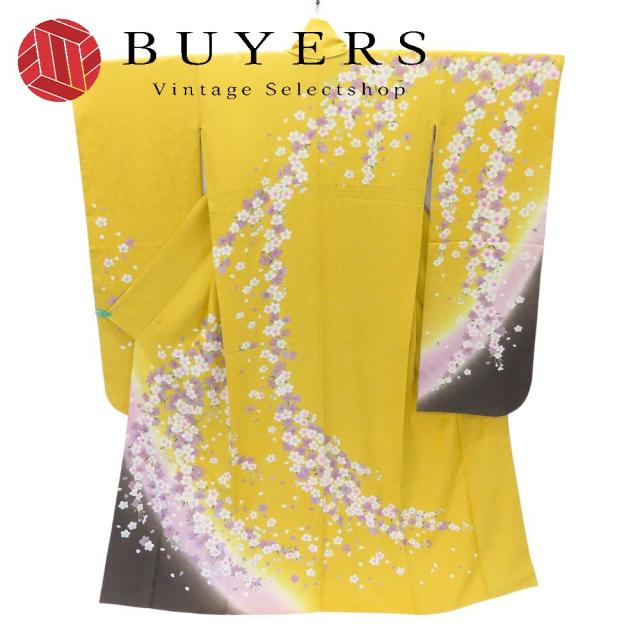 中古 振袖 正絹(金銀糸除く) イエロー 成人式 和装 呉服 和服 きもの レディース 女性