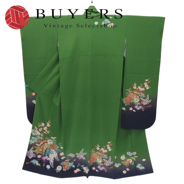 中古 振袖 正絹(金銀糸除く) グリーン 成人式 和装 呉服 和服 きもの レディース 女性
