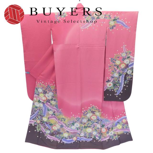 中古 振袖 正絹(金銀糸除く) ピンク 成人式 辻が花 和装 呉服 和服 きもの レディース 女性