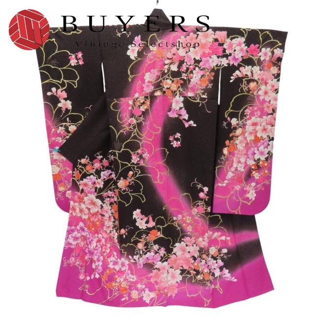 中古 振袖 正絹(金銀糸除く) ダークブラウン系 ピンク ラメ地 成人式 和装 呉服 和服 きもの レディース 女性